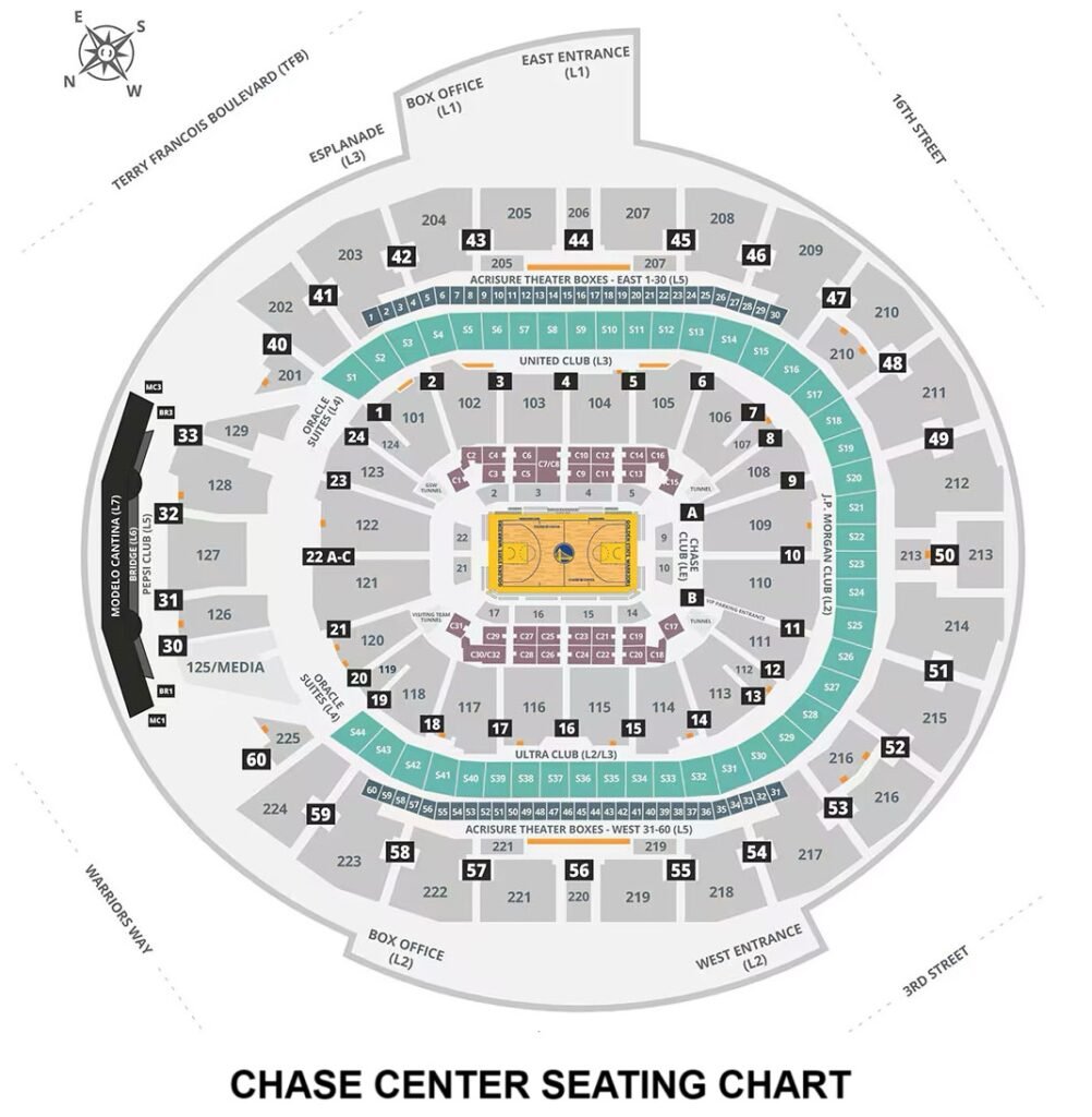 Chase Center Seating Chart with Seat Number and Rows