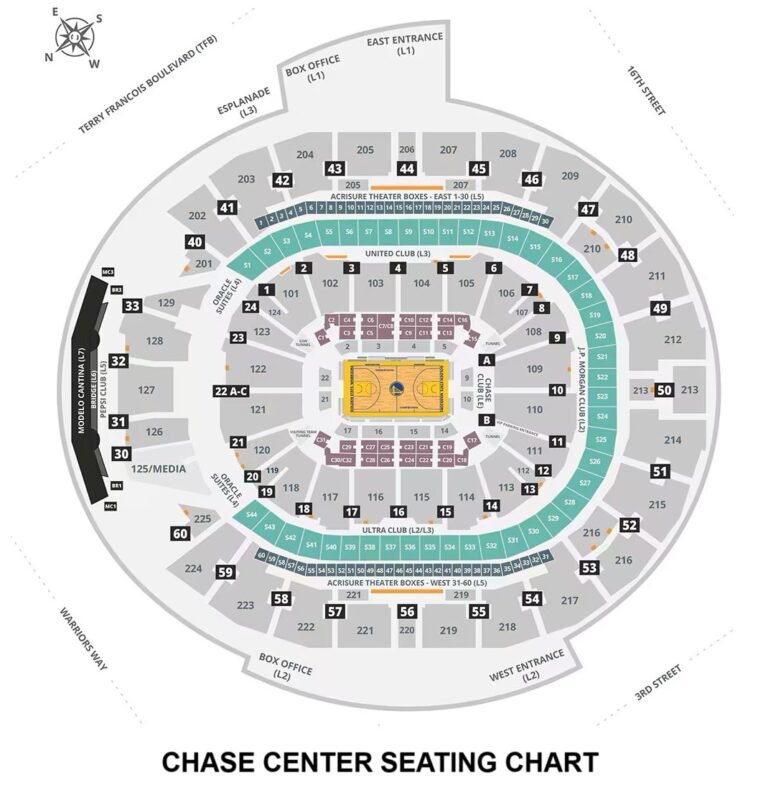 Chase Center Seating Chart with Seat Number and Rows